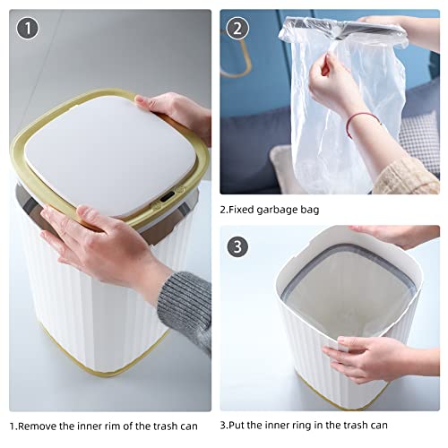 MOPALL 3.5 Gallon Automatic Trash Can,Waterproof Slim Touchless Bathroom Garbage Can with a Lid(White with Gold Trim)