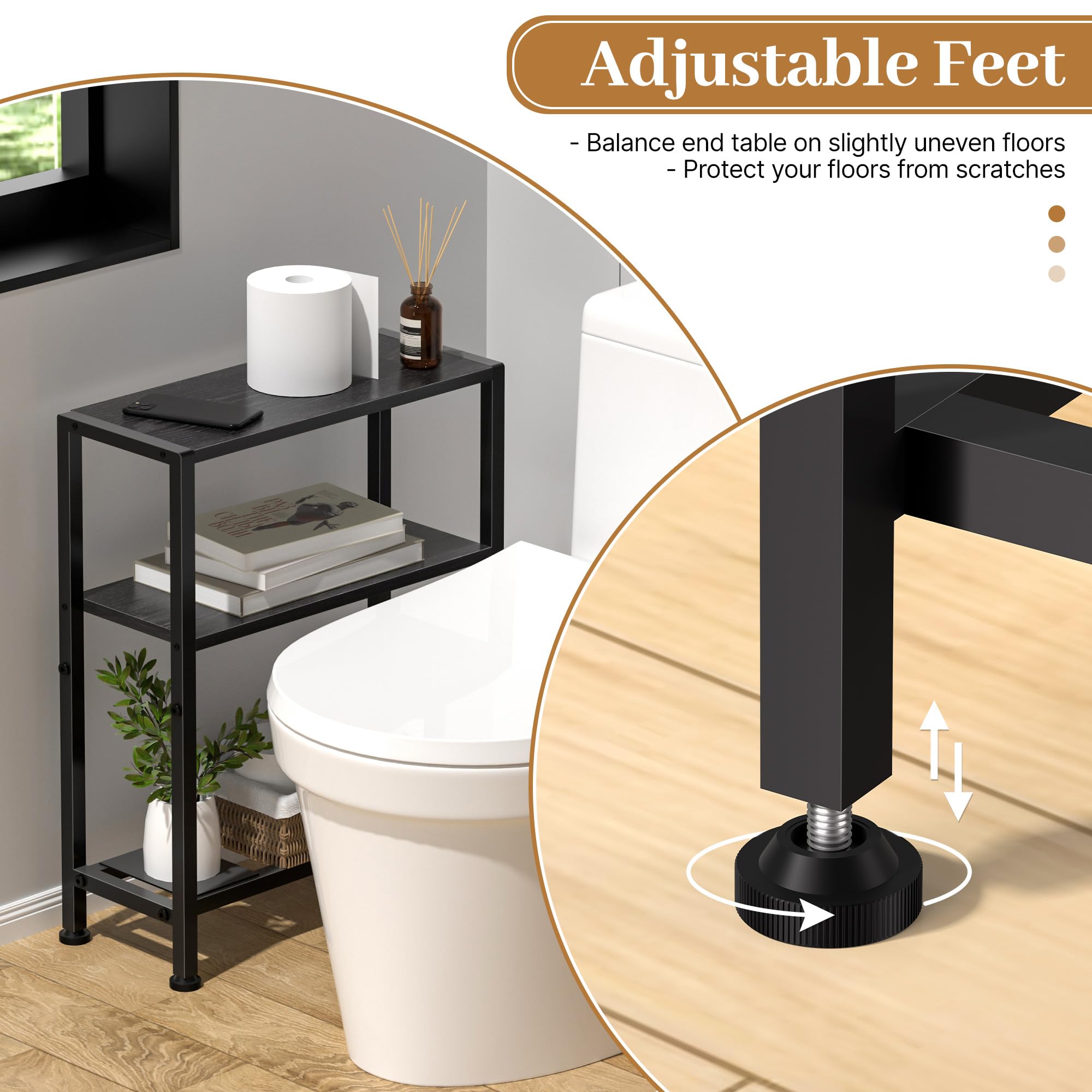 Narrow Side Table with Storage Shelf, 3-Tier Slim End Table for Small Space, Small Bedside Table, Skinny Nightstand with Magazine Rack in Living Room, Bedroom, Study, Kitchen, Balcony (Black)