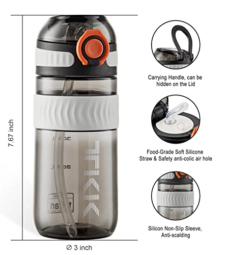 TKK 18oz Kids Water Bottles with Straw Lid & Carry Handle, Pop Button BPA Free Leak Proof Water Bottle for School, Black-NEW