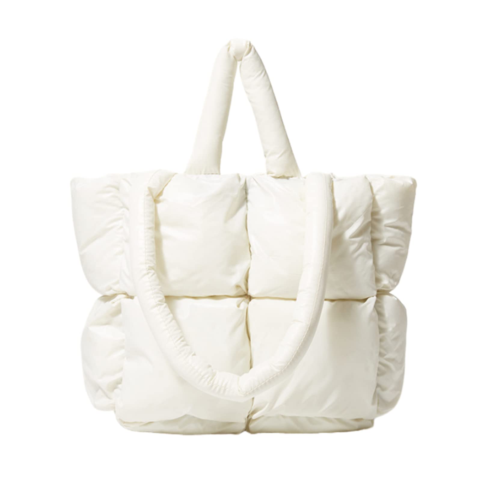 Gimue Women Large Quilted Puffer Tote Bag, Winter Soft Shoulder Cotton Padded Down Handbag Puff Bag Pillow Shopper (White)