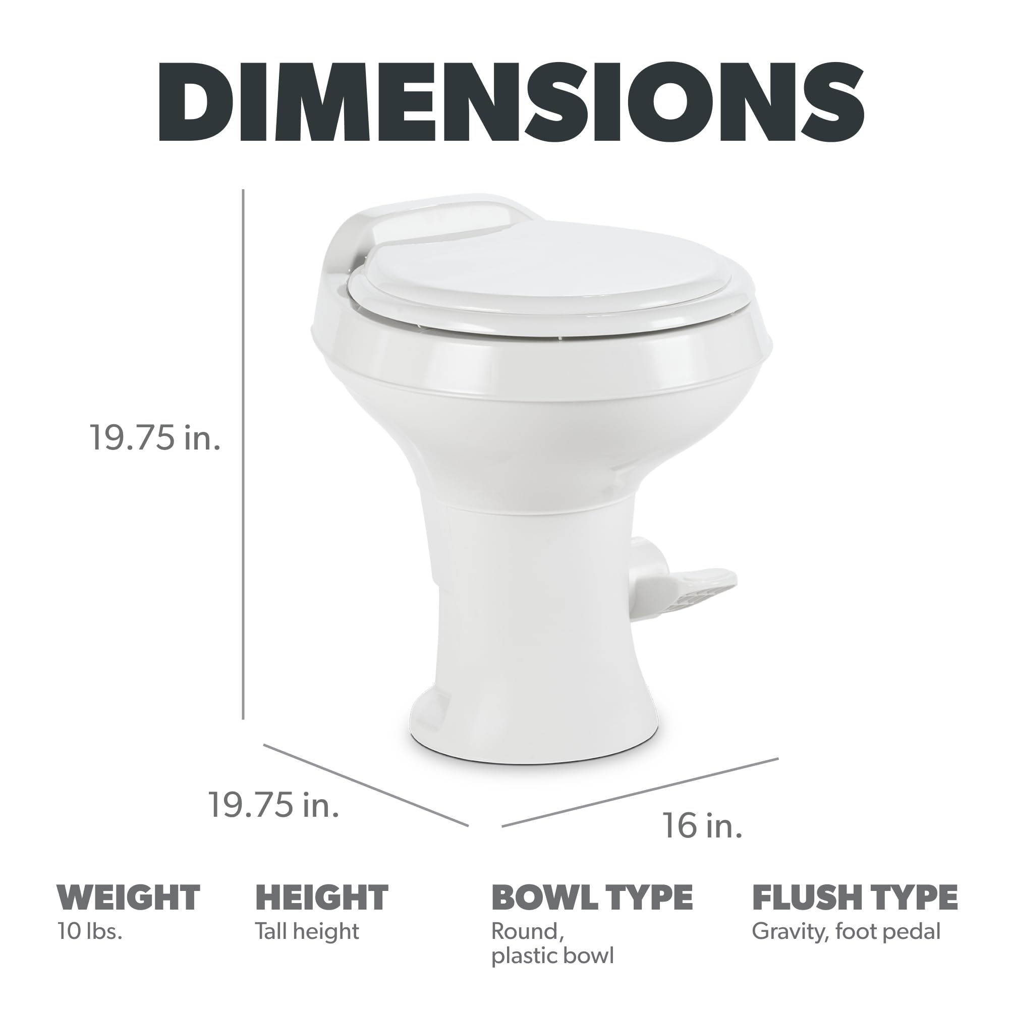 Dometic 300 Series Gravity-Flush RV Toilet | Powerful Triple-Jet Action Flush with Adjustable Water Level | Standard Height Flush with Foot Pedal for RVs, Trailers, and Outdoor Campers