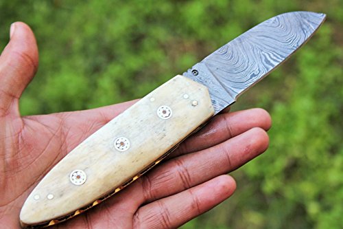 DKC Knives (3 7/18) DKC-71 DUCK POND BONE Damascus Folding Pocket Knife 5" Folded,8.5" Open 8 Oz very solid sophisticated knife. Mallard Duck Hunting Custom Engraved