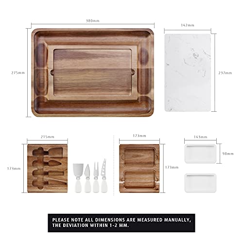 hecef Cheese Board Set Acacia Wood - Large Charcuterie Board with Stainless Steel Knife Set, Thick Wooden Server - Fancy House Warming Gift, Birthday Present & Perfect Choice for Gourmets
