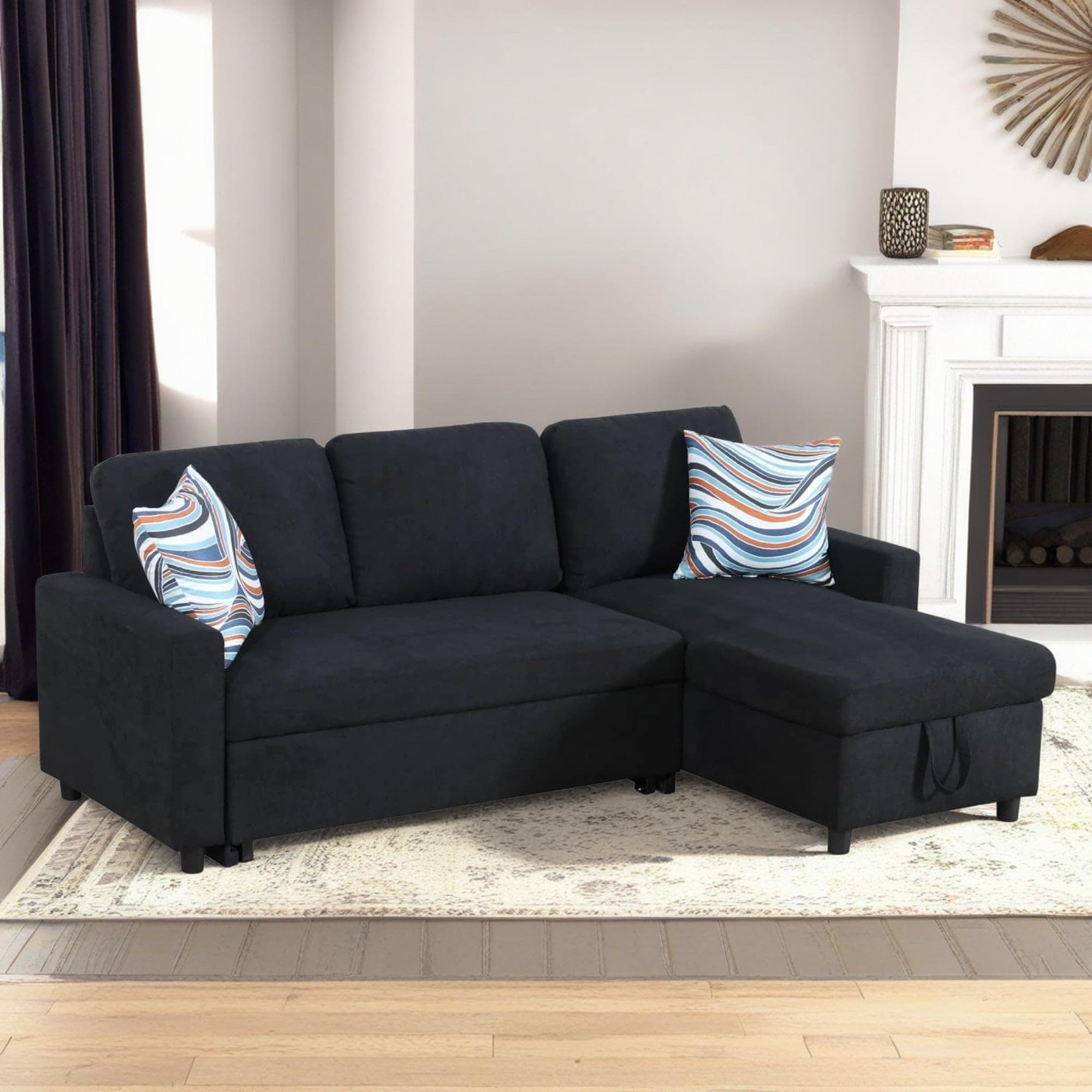 MODCART Moden 83'' L-Shape Flannelette Sectional Sofa with Storage Chaise, Upholstered Backrest, Modern 3 Seat Sleeper Couch w/Pull-Out Bed, for Living Room, Apartment, Offce