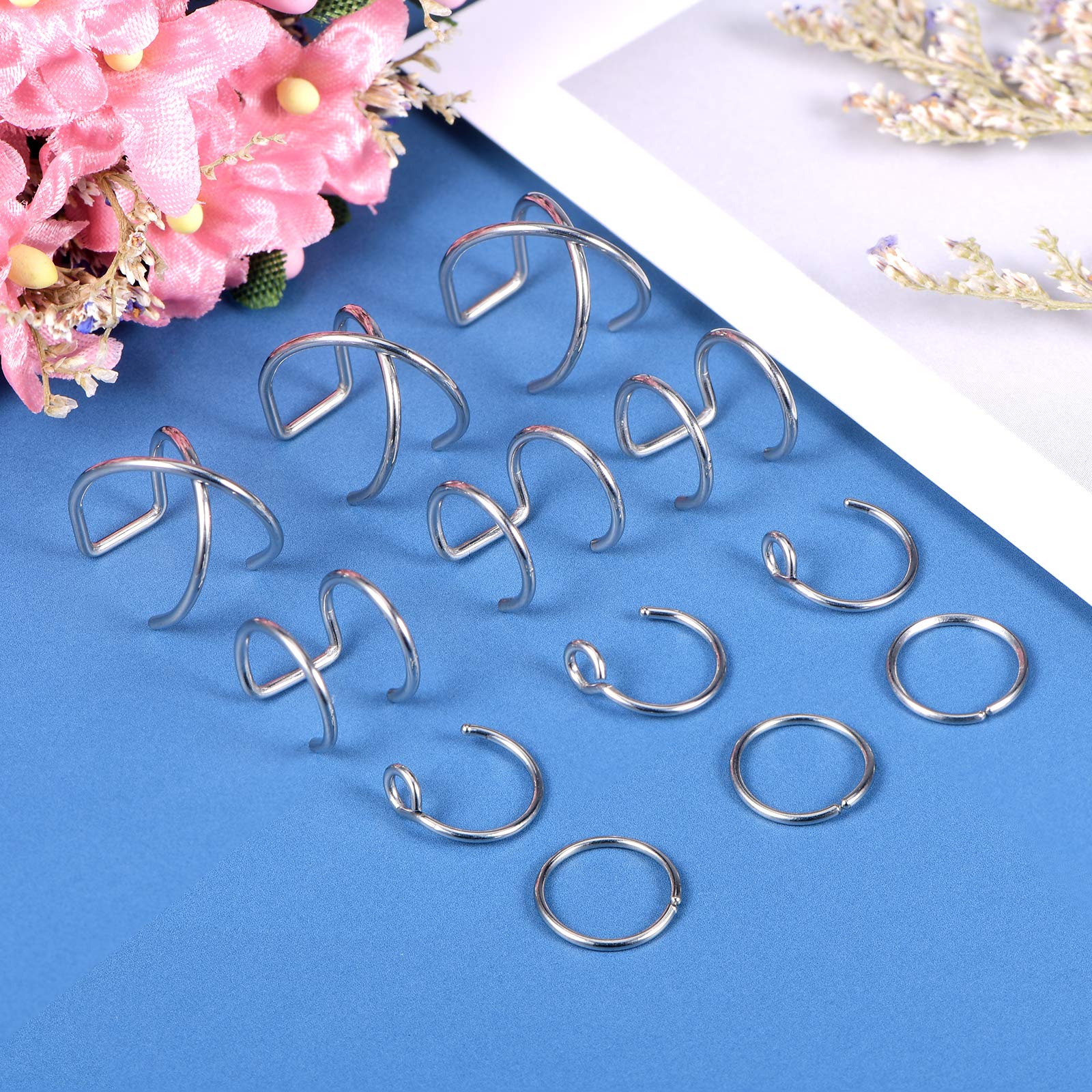 FECTAS 20G Fake Lip Rings Cartilage Earrings Ear Cuff Non-Pierced Clip On Faux Nose Ring Silver
