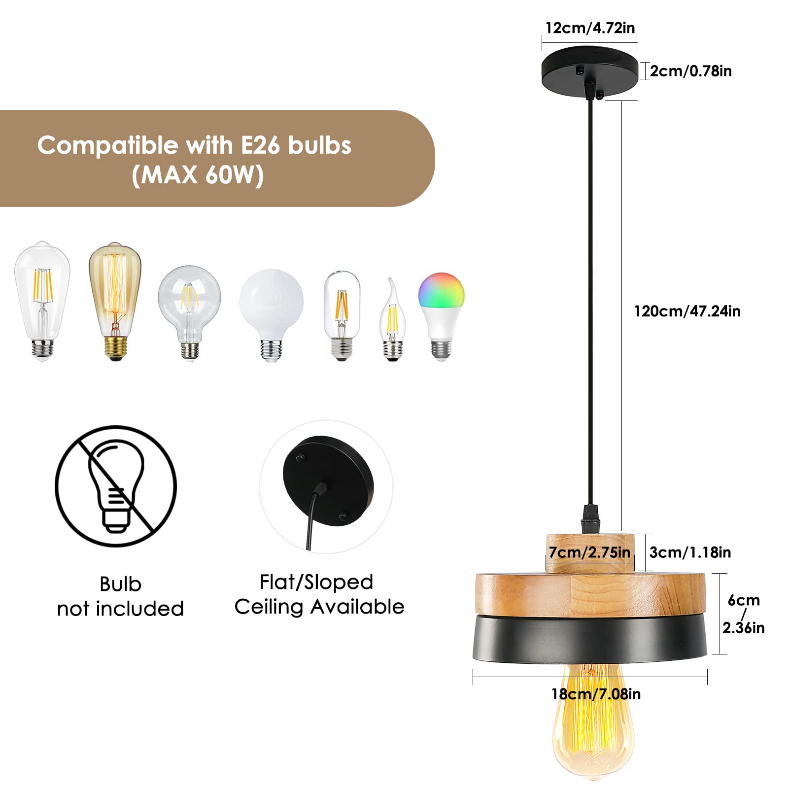 Farmhouse Wood Pendant Light Hanging Light Fixture with Wooden Rustic Ceiling Light Height Adjustable for Ceiling Pendant Lighting for Kitchen Island, Bedroom, Dining Room