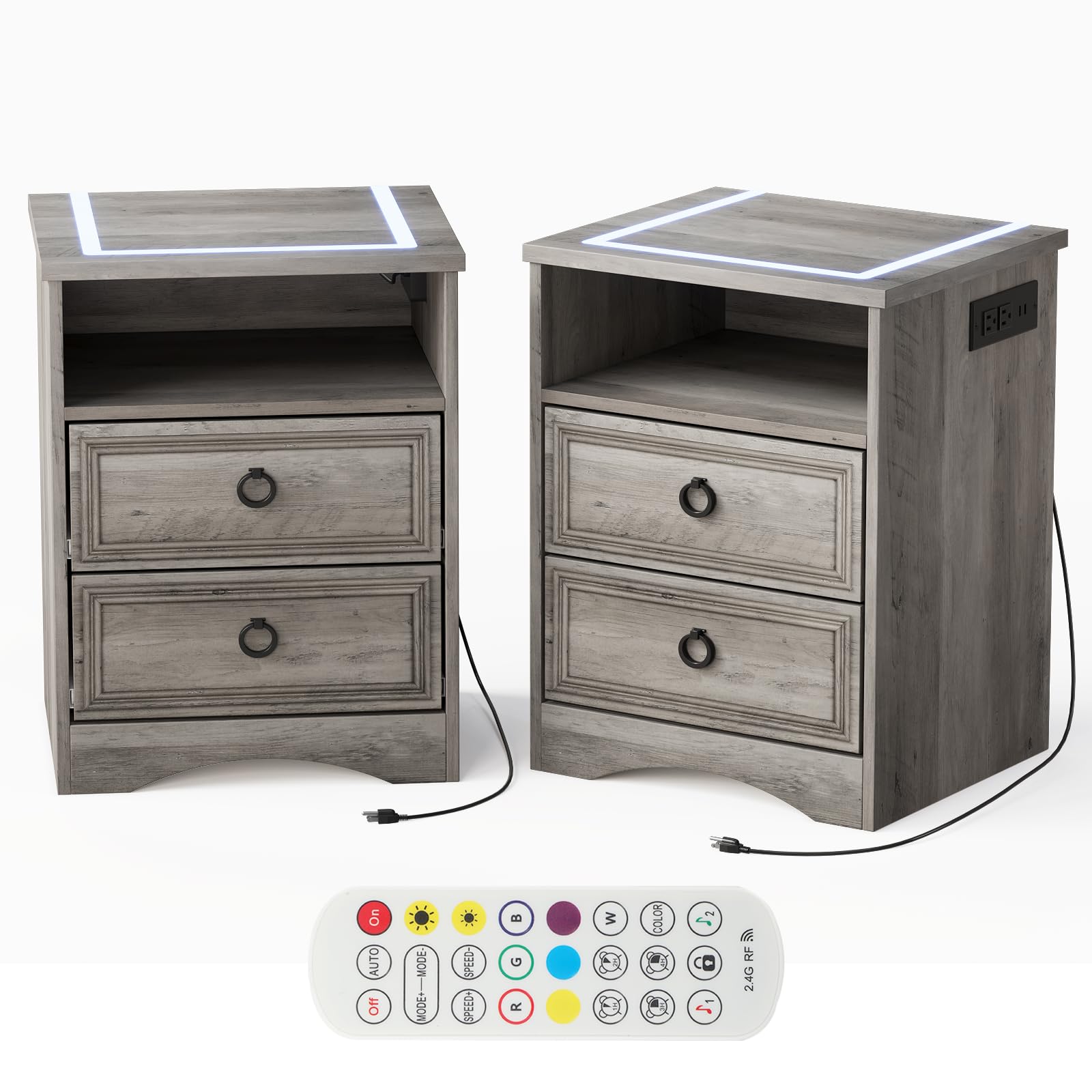 Nightstand with Strip Lights,USB Outlets Set of 2, Night Stand with Drawers, Accent Bed Side Table and End Table with Open Storage for Bedroom, Living Room,Gray