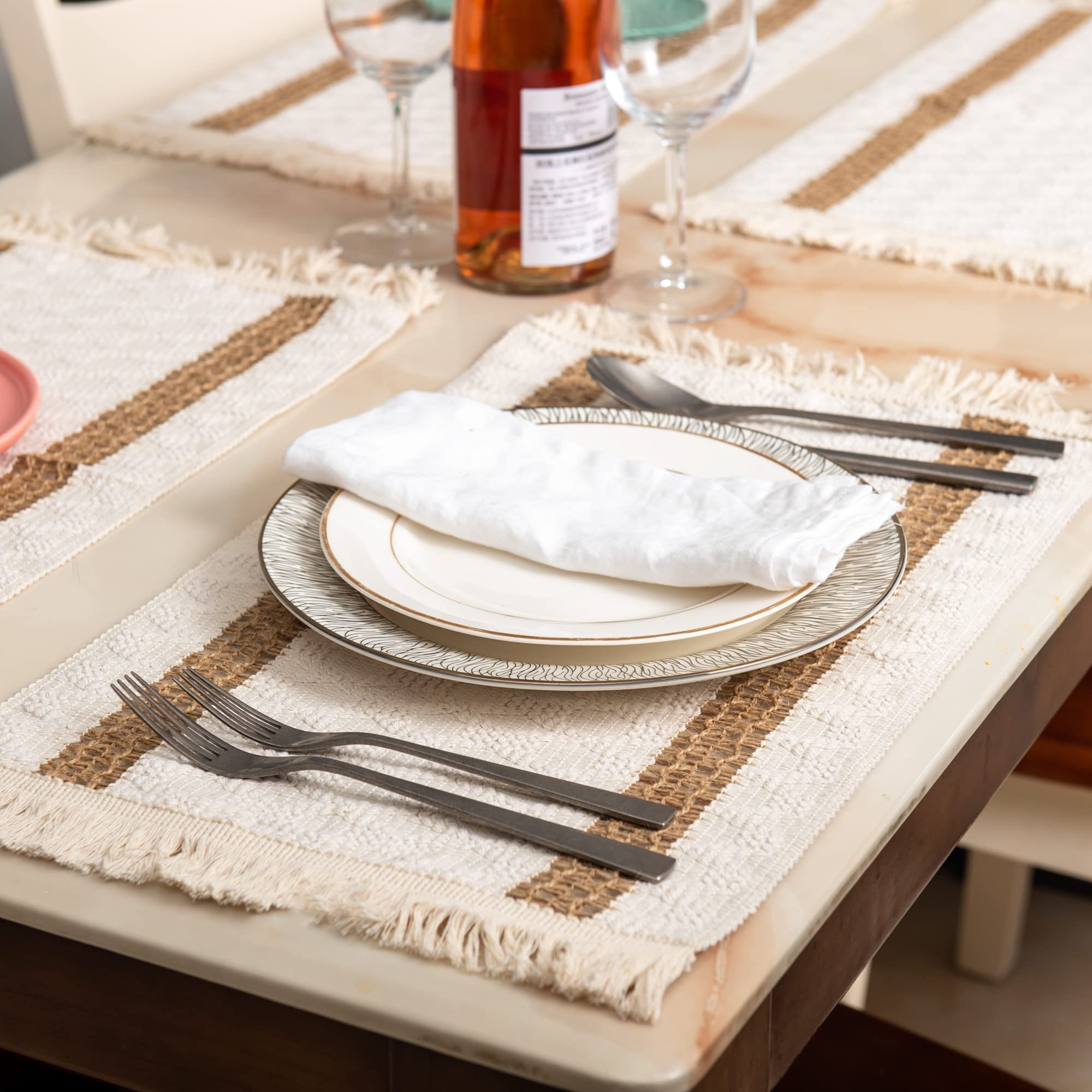 Eiyye Cotton Macrame Placemats Woven Placemats Rustic Jute Placemat Tassels Beige Boho Placemats Rectangular Placemats Linen Dining Table Mats 4-Pieces, 12x18 inches (Beige)