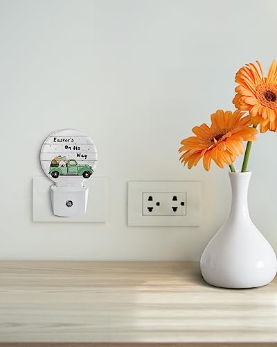 Night Light Plug into Wall, LED Nightlights Easter Green Truck with Bunny Eggs Wooden Board Texture Small Nightlight Auto Dusk-to-Dawn Sensor Lamp LED Night Lights for Kid's Bedroom, Bathroom