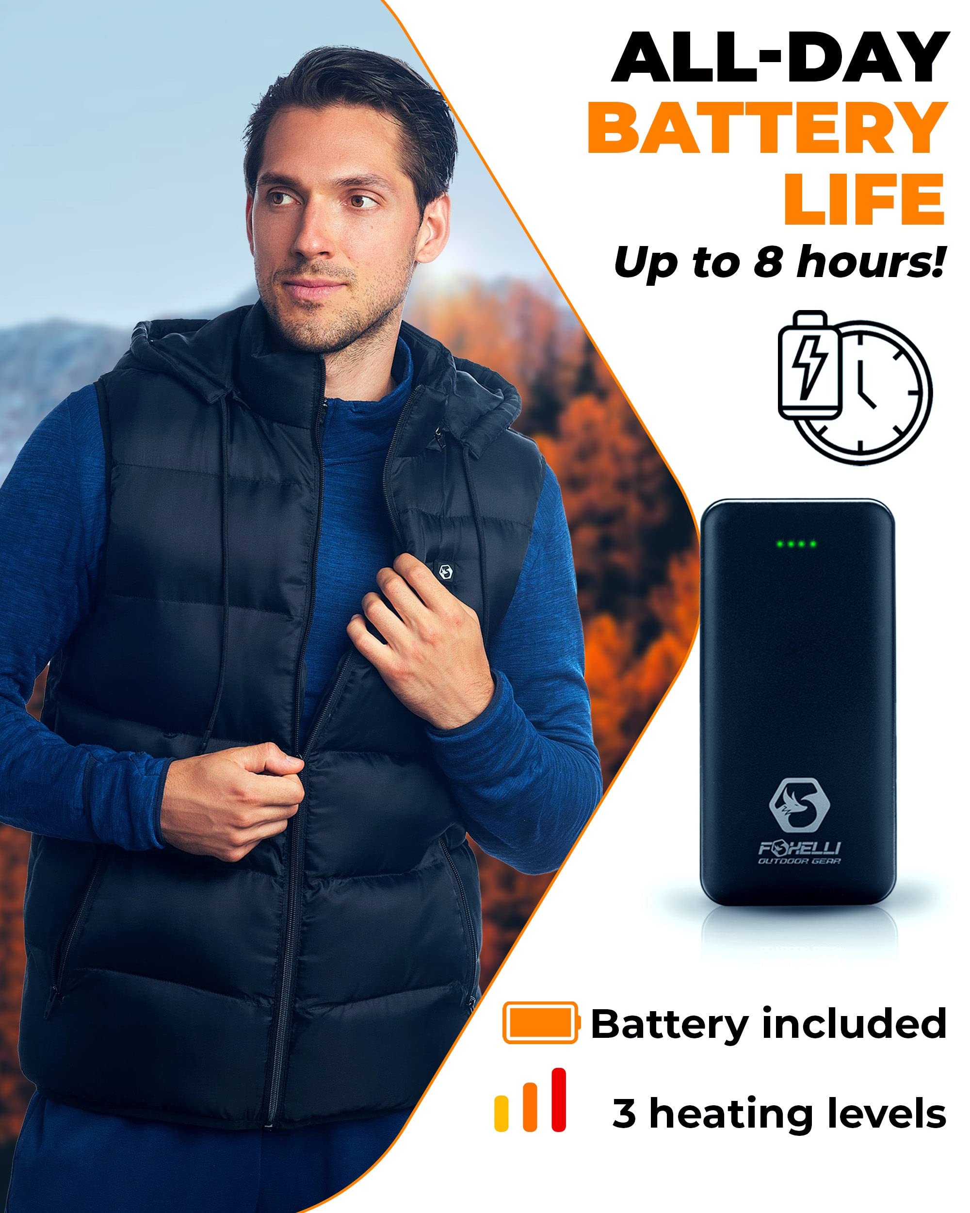 Foxelli Men's Heated Puffer Vest - Lightweight, USB Rechargeable Black Vest for Men, Men’s Winter Outerwear Vest with Battery