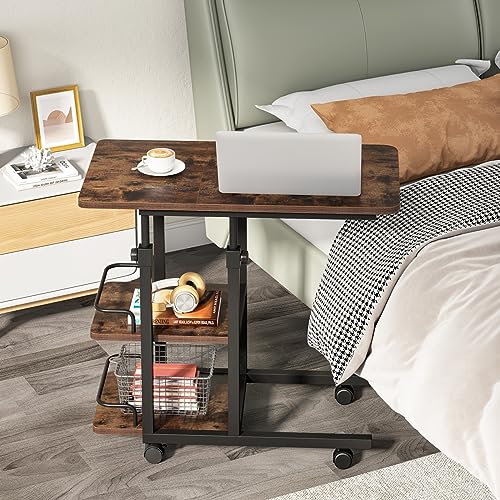 Tribesigns Height Adjustable C Table with Storage, Mobile Couch Snack Side Table with Tiltable Drawing Board, Sofa Bedside Table Laptop Rolling Cart for Bedroom, Living Room (Rustic Brown)