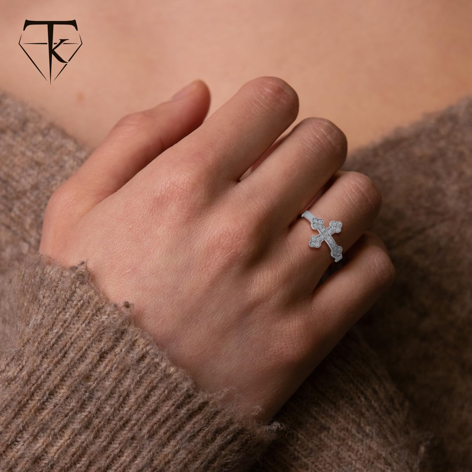 Elegant Sterling Silver CZ-Studded Cross Ring, Cubic Zirconia,