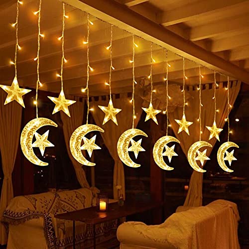 Janchs Solar String Lights Outdoor Ramadan Eid Decorations, 8 Modes Waterproof 138LED Solar Powered Star Moon Curtain Lights Window Fairy Lights for Backyard Garden Patio Home Christmas Ramadan Decor