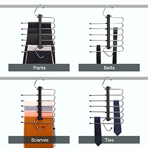 Pants Hangers Space Saving Collapsible Multiple Pants Hangers for Closet Stainless Steel 6 in 1 Trousers Hangers 360°Swivel Clothes Hangers Storage Organizer for Pants Jeans Scarf (1 Pack-6 Layers)