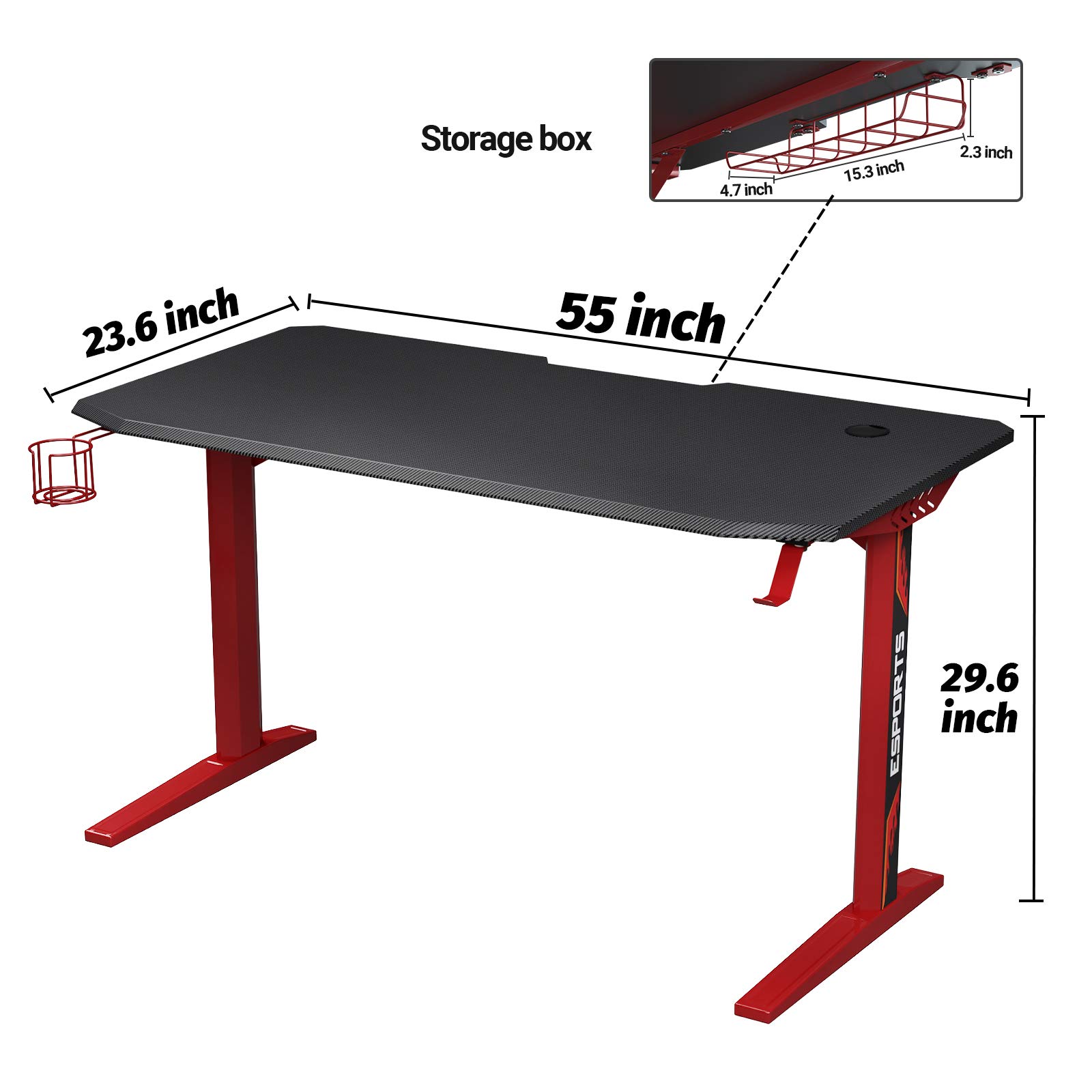 Foxemart Gaming Desk 55 inch PC Gaming Desk, Game Computer Desk Workstation, T-Shaped Professional Gaming Desk, Home Office Computer Table with Cup Holder & Headphone Hook