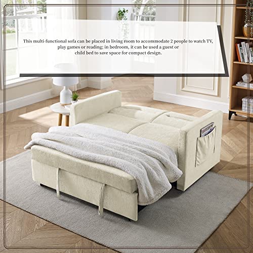 Polibi 54.5'' Modern Convertible Sleeper Sofa Bed with Two Arm Pockets, Velvet Sofa w/Pull-Out Bed Loveseat Sofa Couch and Adjsutable Back for Living Room (Beige)