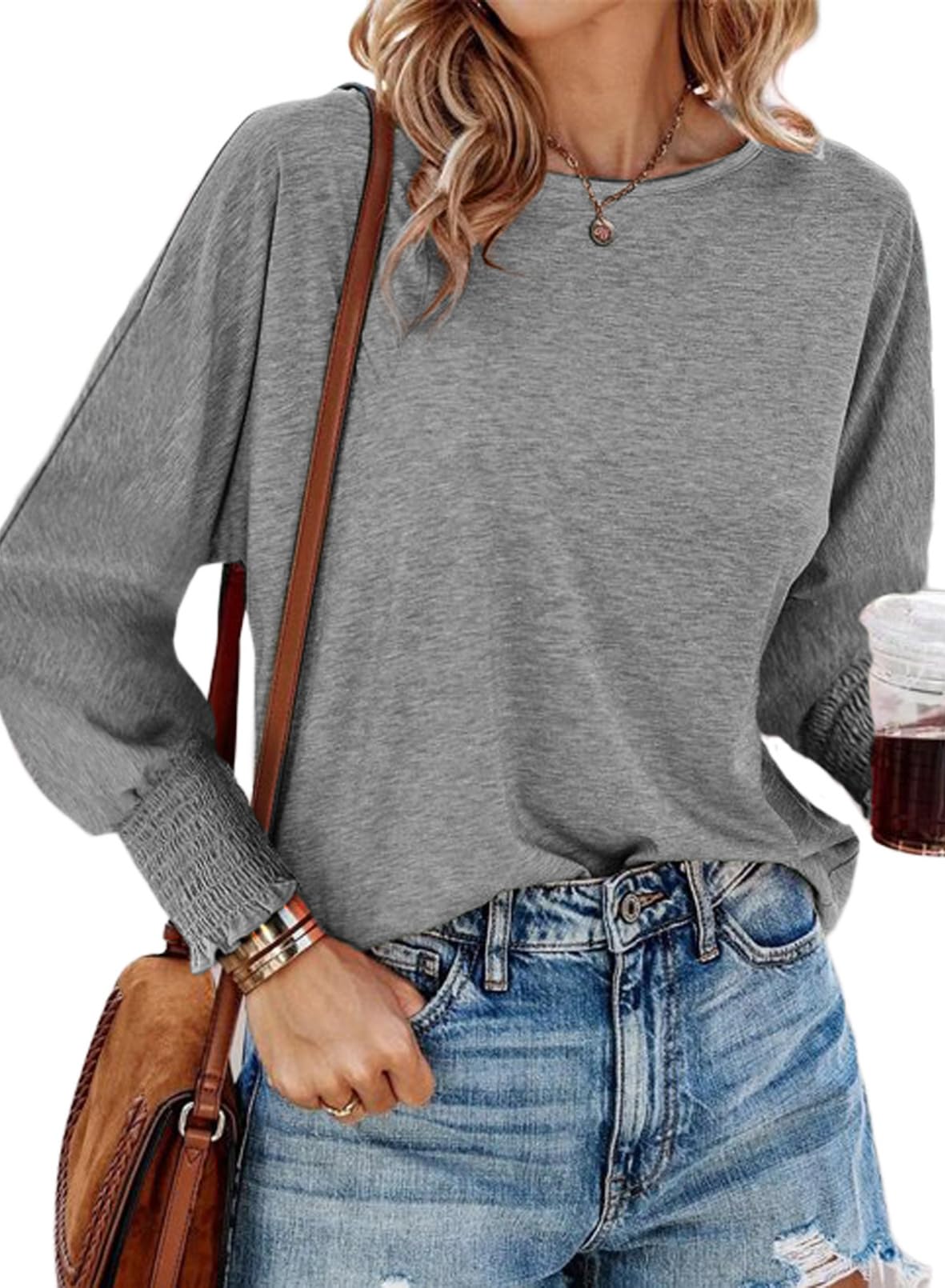 Dokotoo Long Sleeve Shirts for Women Grey Tops Womens Business Blouses Dressy Casual Fall Fashion 2024 Trendy Women's Tops Loose Fashion Shirts Tee T Shirts for Women