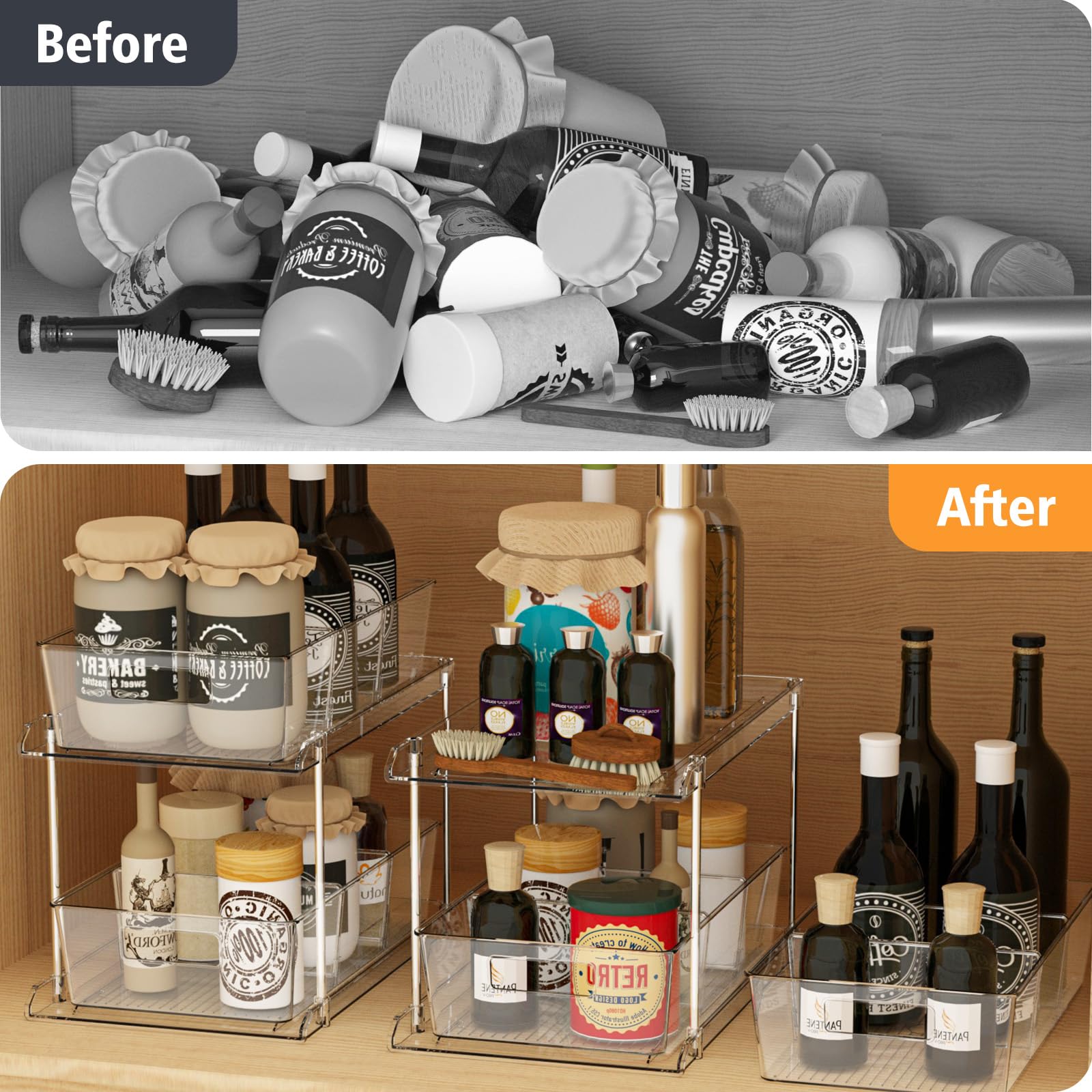 FabSpace Pull-out Home Organizers, 2 Tier Clear Bathroom Organizer with Dividers, Multipurpose Vanity Counter Tray, Kitchen, Closet Organizers and Storage Container Bins for Cabinet, Pantry