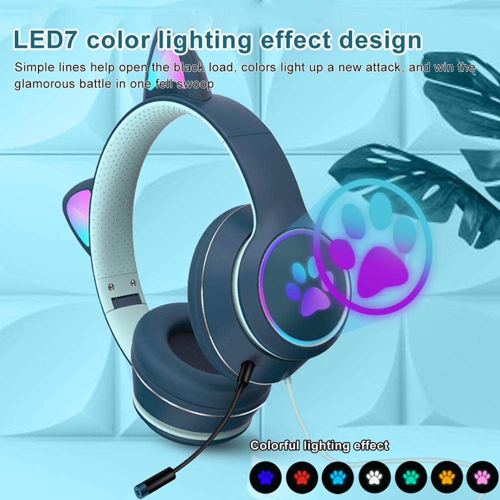 EKDJKK Cat Ear Bluetooth Headphones Foldable Wireless LED Light Up Foldable Headphones HiFi 3.5MM Noise Reduction Headphones Computer Gaming Headset with Microphone and Volume Control