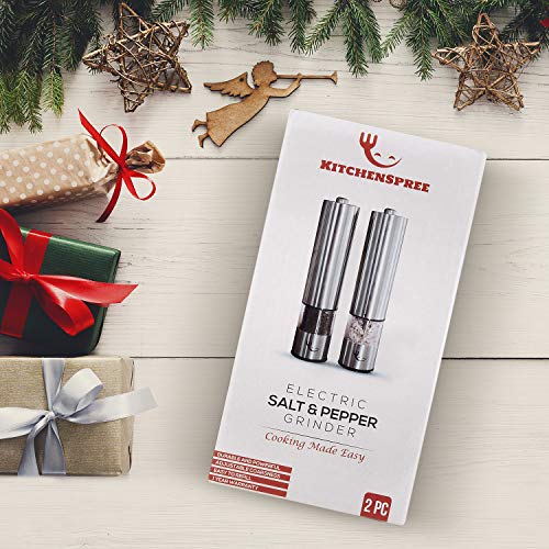 Electric Salt and Pepper Grinder Set - Stainless Steel Battery Operated Salt and Pepper Shakers - 2 Pepper Mills with Light and Adjustable Coarseness