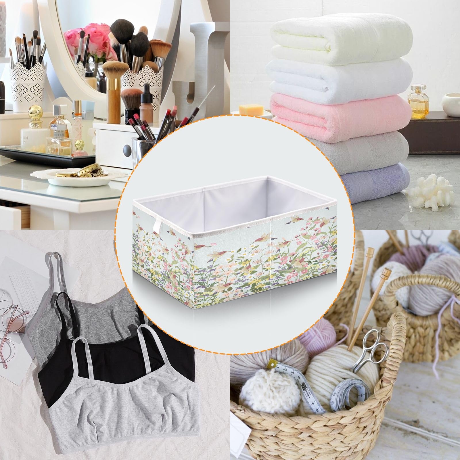 FUGIDOG 11x11x11 inch Fabric Storage Bins Flowers Hummingbirds Foldable Storage Cubes Baskets with Handles Clothes Toys Storage Box for Nursery Closet Shelves Organizer