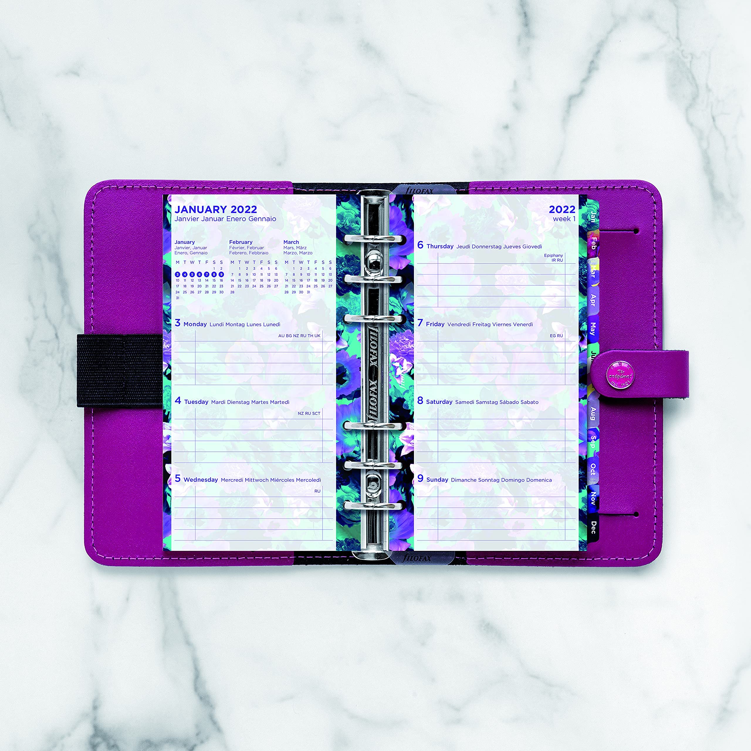 Filofax Refill, Personal/Personal Compact Size, Week-to-View, Illustrated Floral Diary Pack with Four-Color Print Design, Multilingual: Five Languages, 2022 (C6341-22)