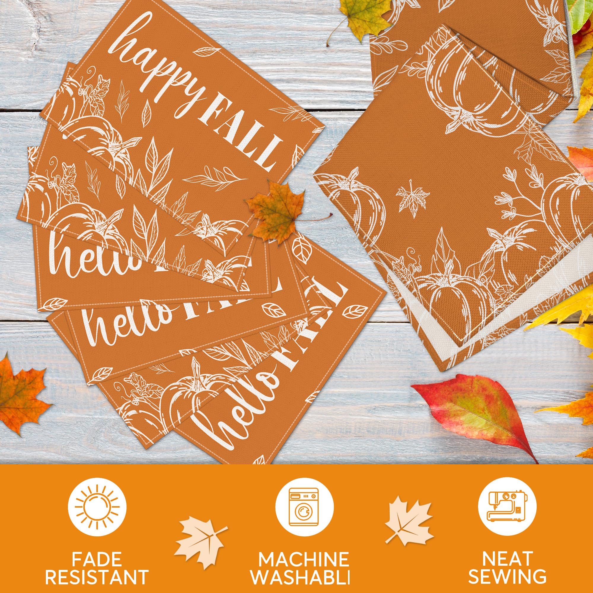Fall Table Runner and Placemats Set of 6, Fall Table Decor, Fall Line Pumpkin Leaves Orange Kitchen Dining Autumn Table Decorations, Harvest Thanksgiving Farmhouse Hallo Fall Table Runner Mats Set