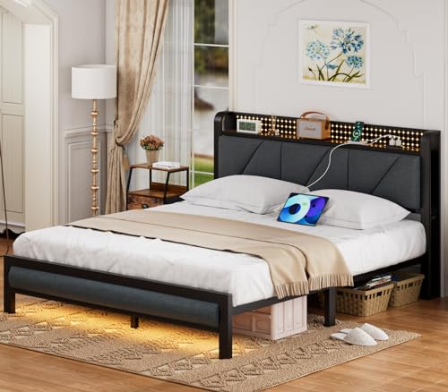 Furnulem Queen Size Bed Frame with LED Lights,Upholstered Storage Headboard with Charging Station and USB Port, Platform Bedframe Queen No Box Spring Needed, Noise Free