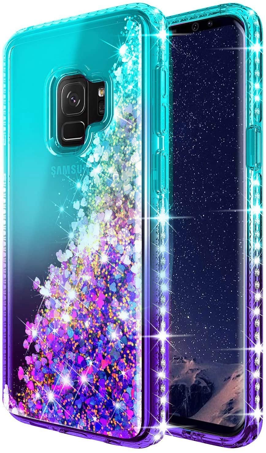 E-Began Case for Samsung Galaxy S9 with Screen Protector (Maximum Coverage, Flexible TPU Film), Ring Holder/Wrist Strap, Glitter Flowing Liquid Girls Women Kids Cute Case (Aqua/Purple)
