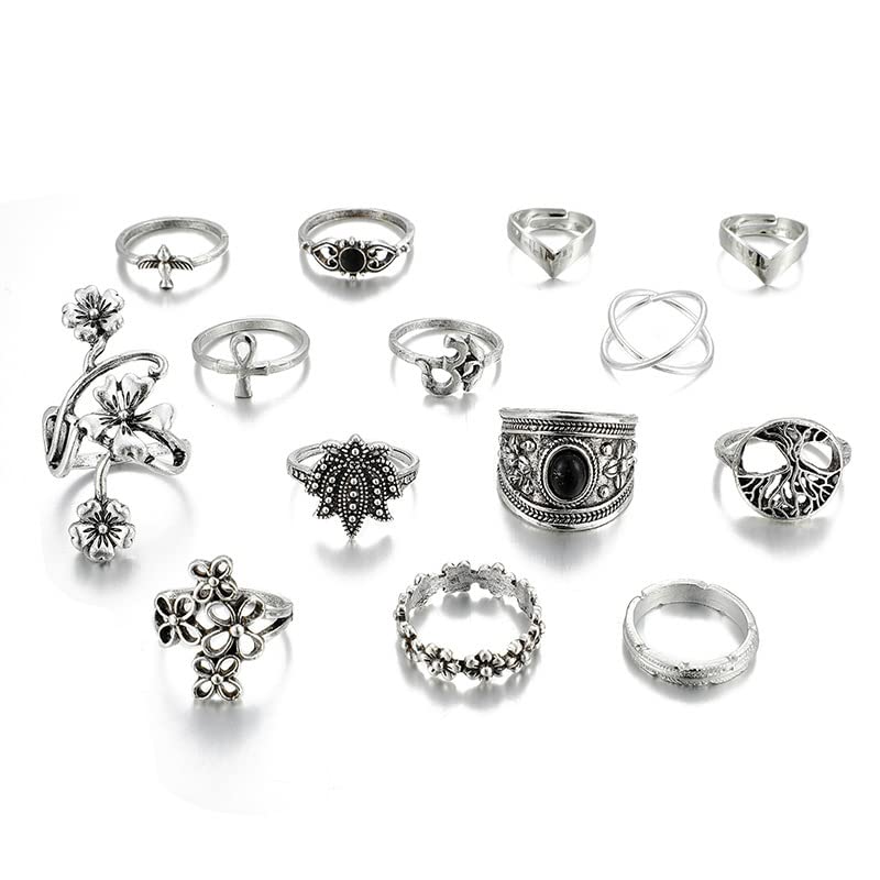 Fashion Ladies Vintage Lotus Openwork Carved Black Gemstone Rings 14 Piece Combination Set (style 1)