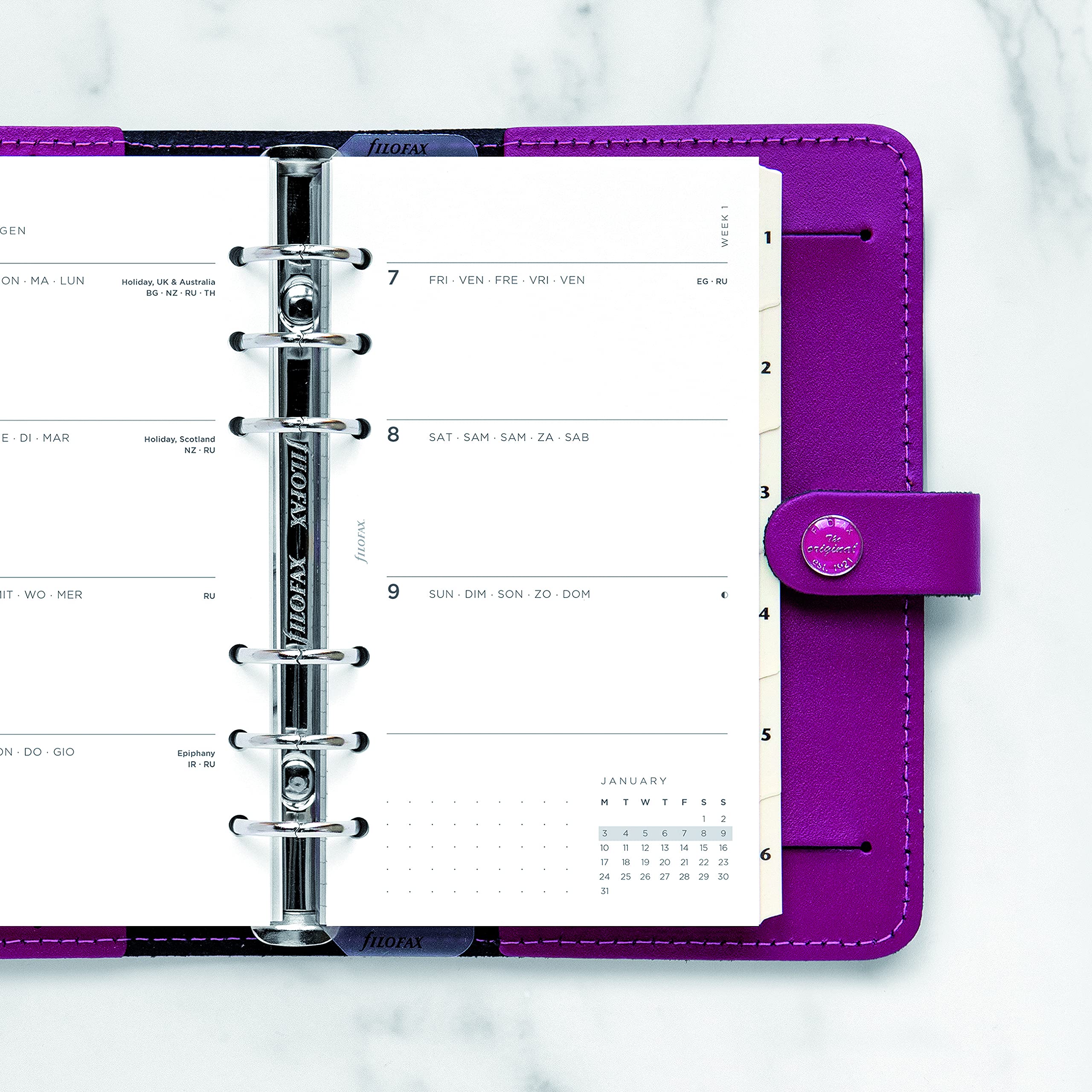 Filofax Refill, Personal/Compact Size, Week-to-View, Minimal Diary Pack, White Paper, Multilingual: Five Languages, 2022 (C68490-22)