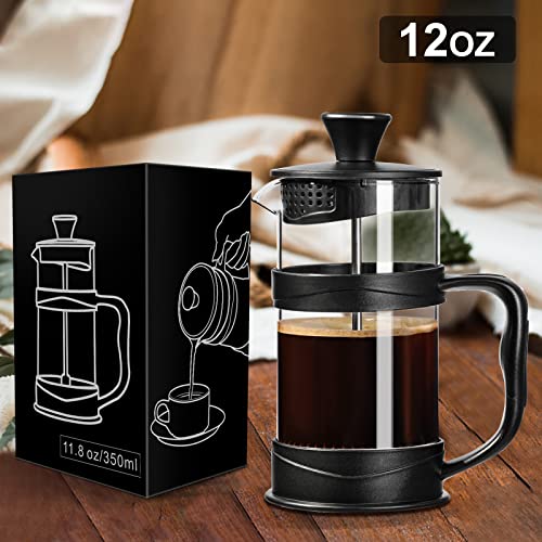 PARACITY French Press Coffee/Tea Maker, Camping Mini Coffee/Tea Press of 304 Stainless Steel Filter and Heat Resistant Glass, Cold Brew Coffee Maker 12OZ for Travel& Home Gift(Black)