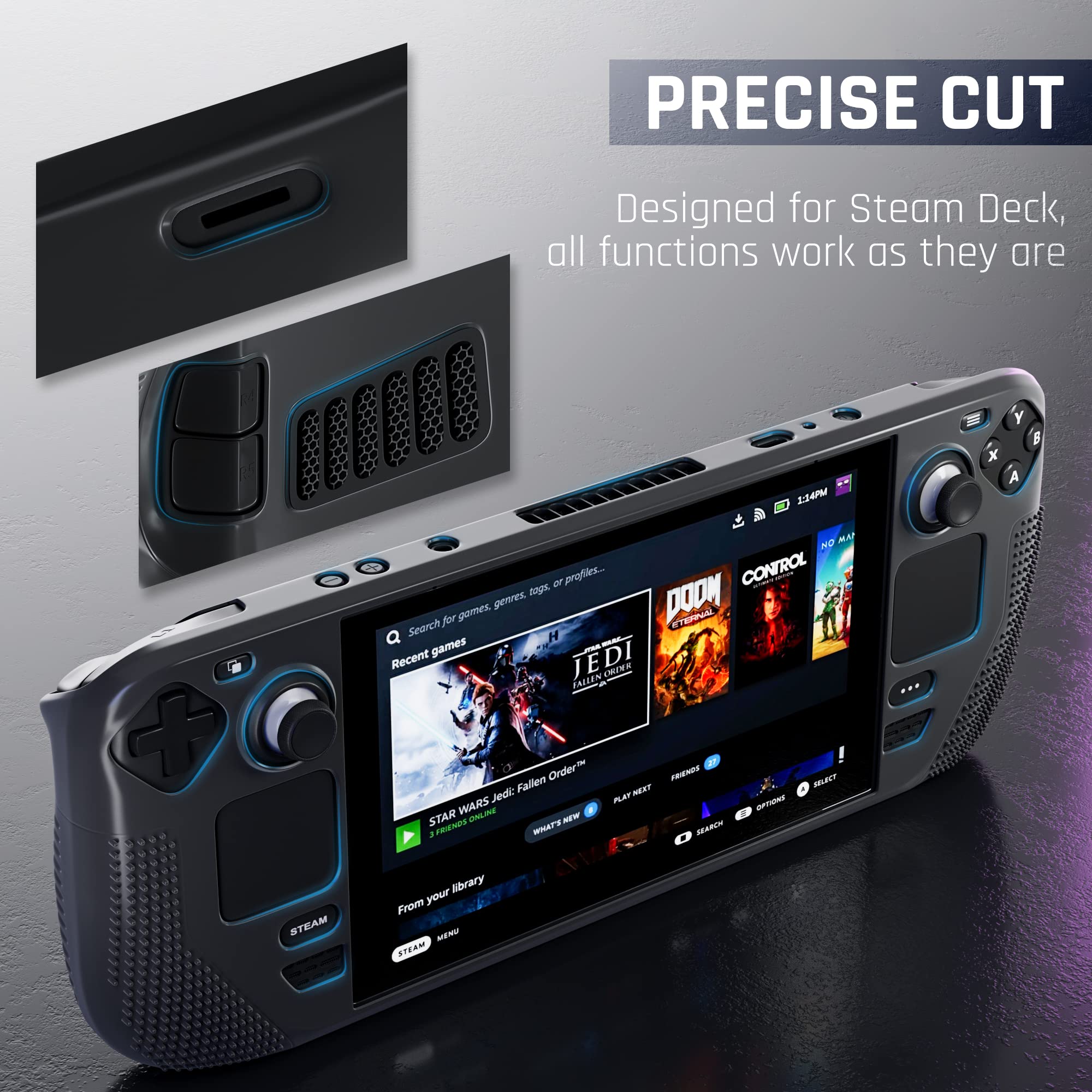 GLDRAM Case Kit for Steam Deck, Soft Silicone Cover Shock Absorption, Anti-Scratch, Ergonomic Grip Case for Steam Deck, Black Skin with 2Screen Protector,8 Thumb Caps, Full Protection Game Accessories