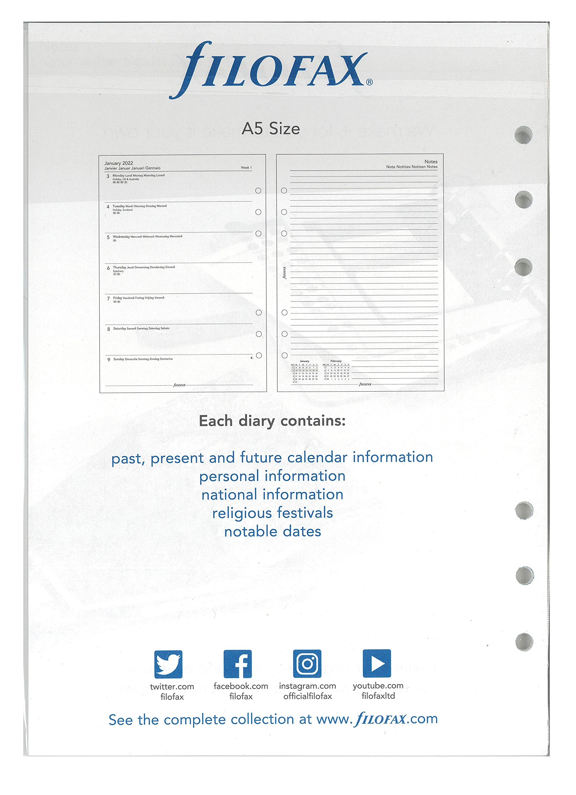 Filofax Replacement White Colour Agenda Rings A5-Master 2022, Weekly Horizontal Planning with Notes 148x210mm.,5.75 inches X 8.25 inches,22-68509