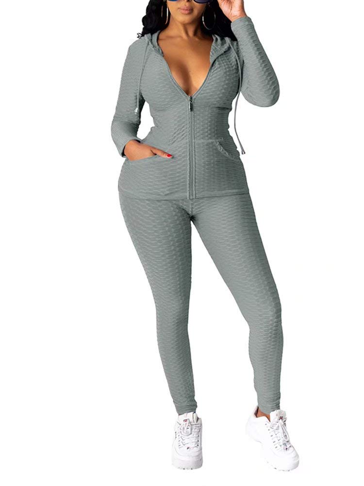 Fitness Exercise Workout Legging Clothes - Long Sleeve Zip Up Fitted Hoodies Top Long Skinny Pants Tracksuit Jogging Suits Grey S