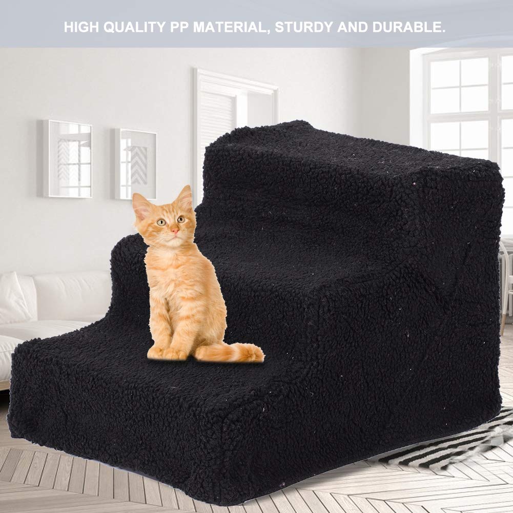 Felenny 3-Steps Easy Pet Stairs for Dog Cat Puppy Ramp Ladder with Removable Cover for High Bed Sofa Car (Black)