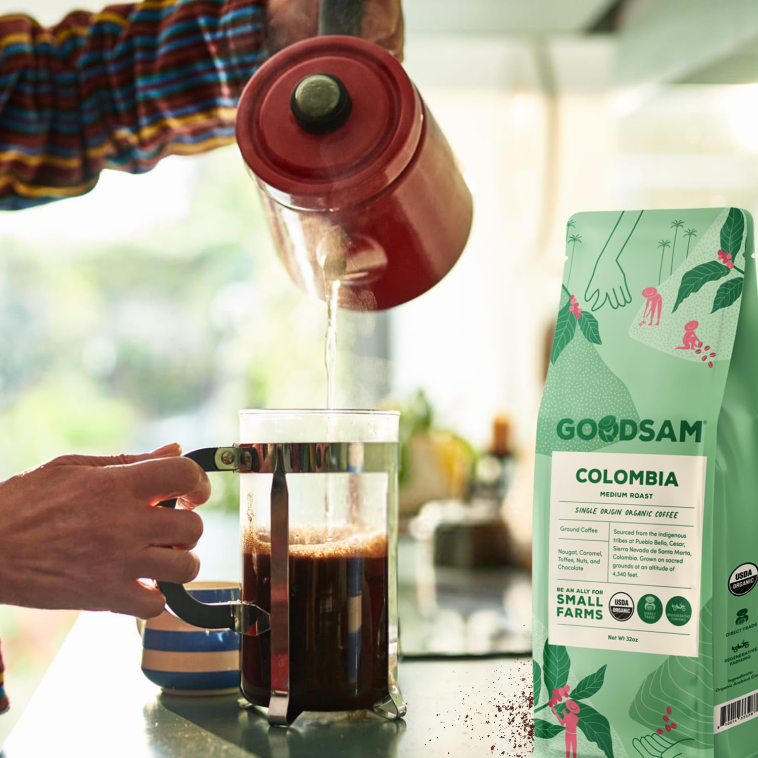 GoodSAM Organic Ground Coffee, Medium Roast 2 lb, Colombian Single Origin, Non GMO Arabica Beans, Vegan, Keto, Regenerative Farming, Direct Trade