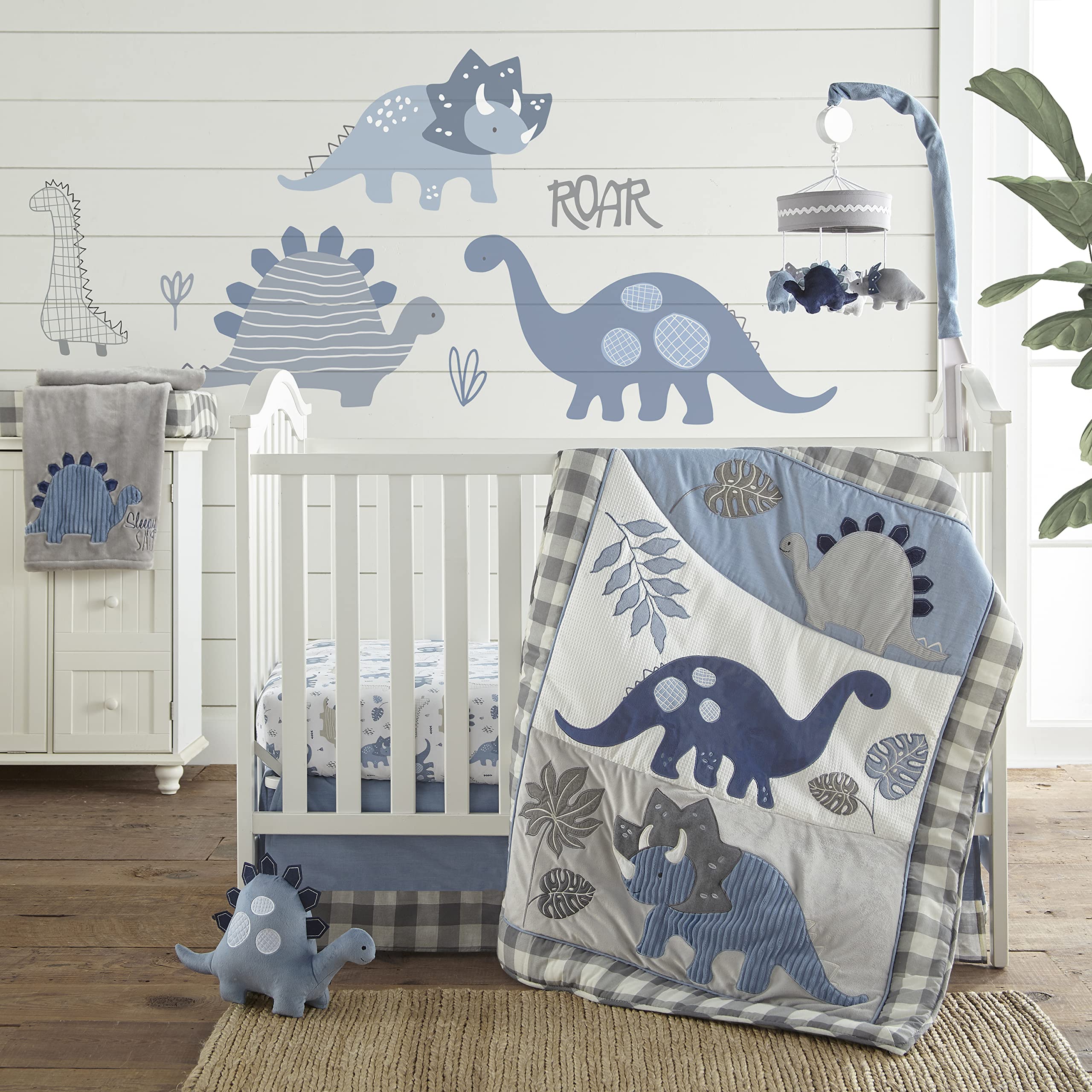 Levtex Baby - Kipton Set Crib Fitted Sheet - Fits Standard Crib and Toddler Mattress - Tossed Dinosaurs and Leaves - Blue, Grey and White - Nursery Accessories - 100% Cotton