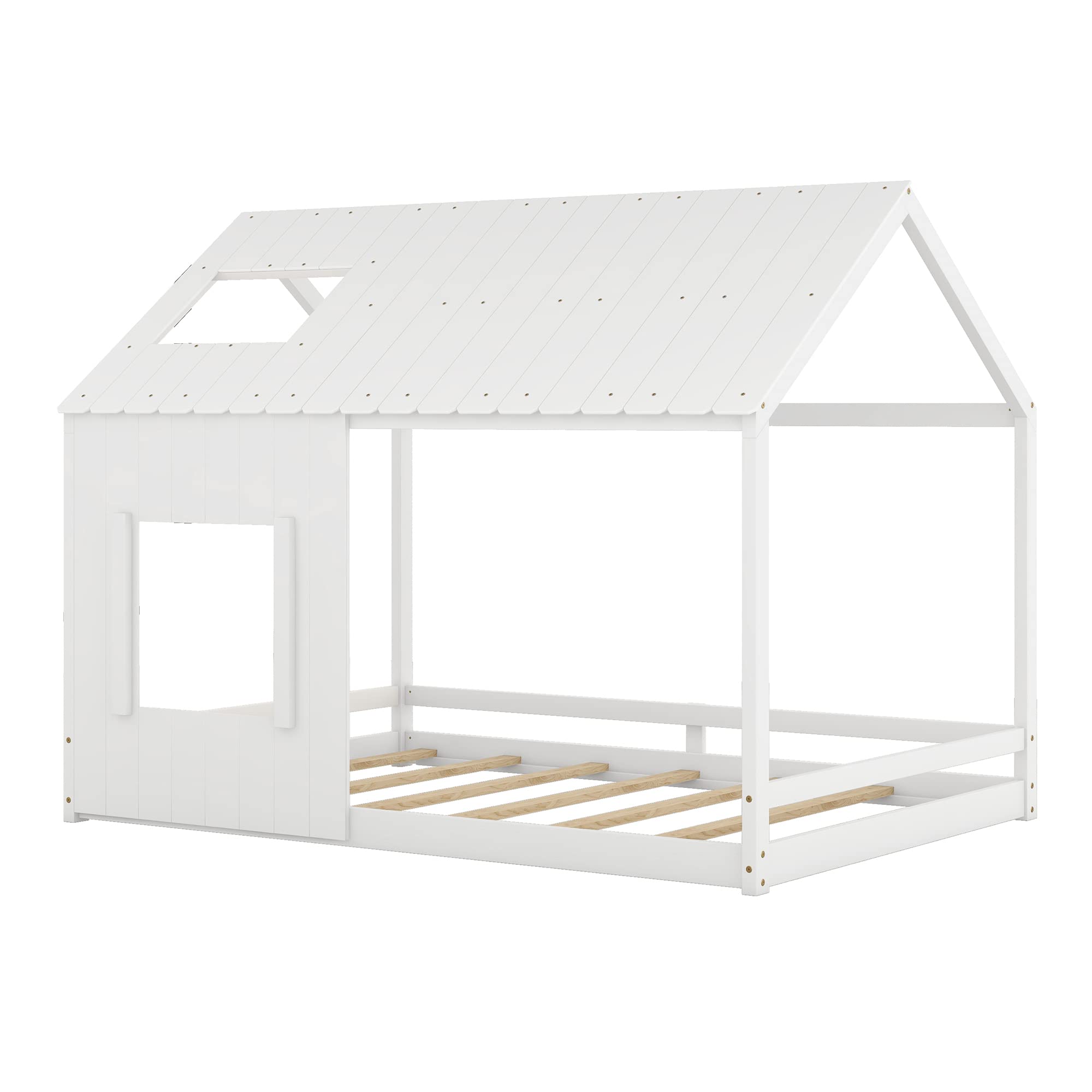 DOLPRNE Full Size House Bed,Modern Floor Bed Frame with Roof and Window,Solid Wood Platform Bed Frame for Kids Teens Girls Boys Bedrooms,White