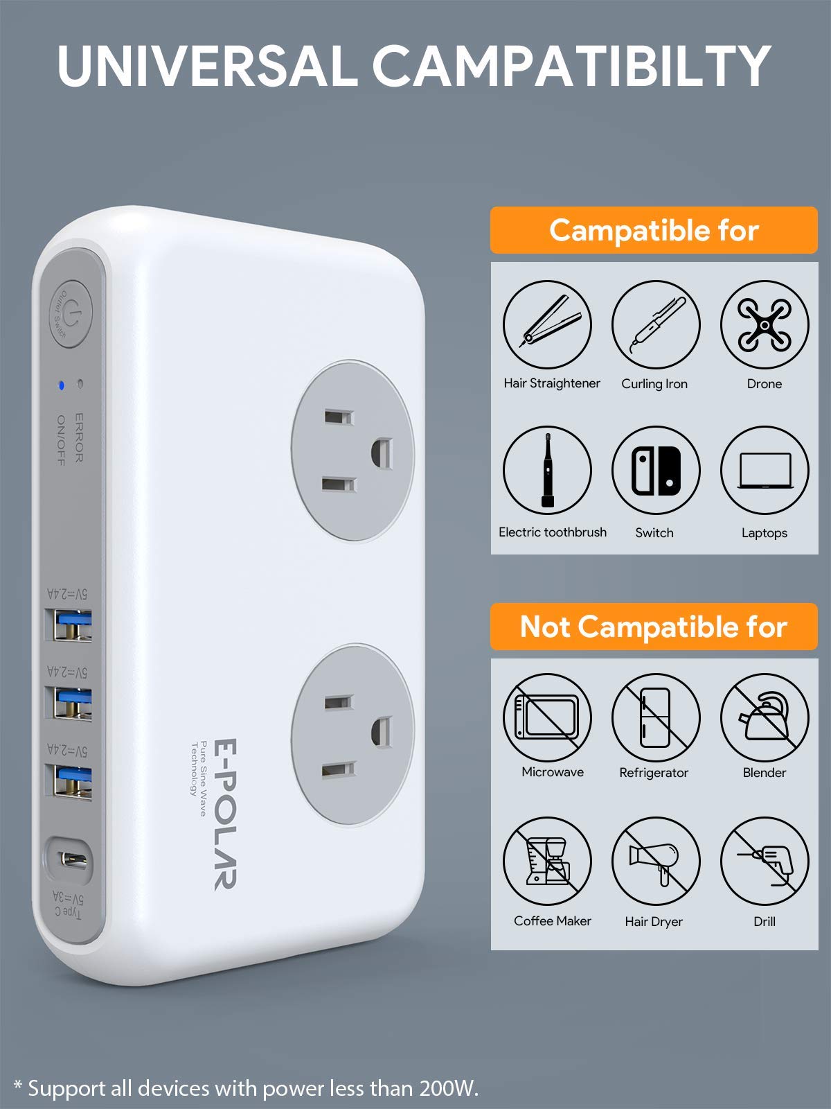 E-POLAR 220V to 110V Converter Travel Adapter (White)