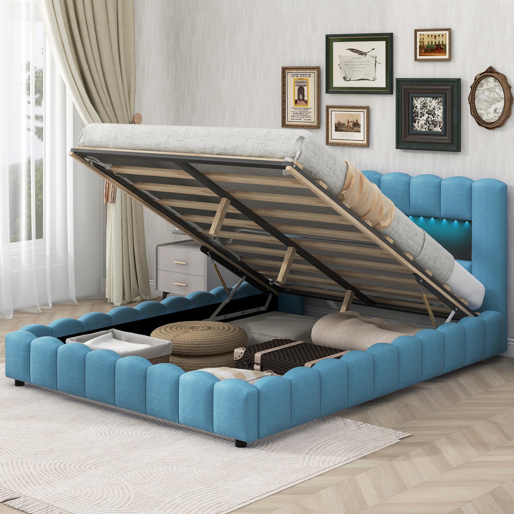 DOLPRNE Queen Size Bed Frame,Modern Upholstered Platform Bed with LED Headboard and USB,Velvet Tufted Headboard,No Box Spring Needed,Blue