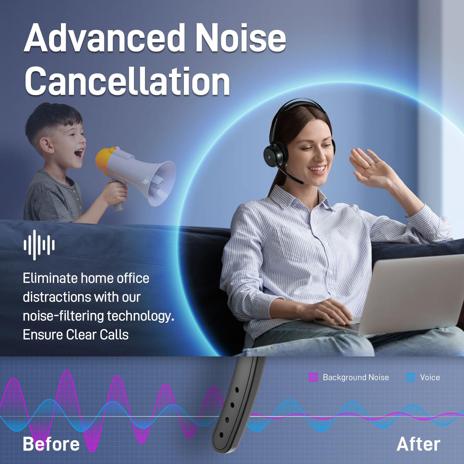 EMEET Wireless Headset, HS80 Bluetooth Headset with Noise Canceling Microphone, 46 hrs Work Time, Charging Base, Mute Button, 2.4G Wireless Dongle/USB, Wireless Headphone for PC/Call Center/Zoom/Skype