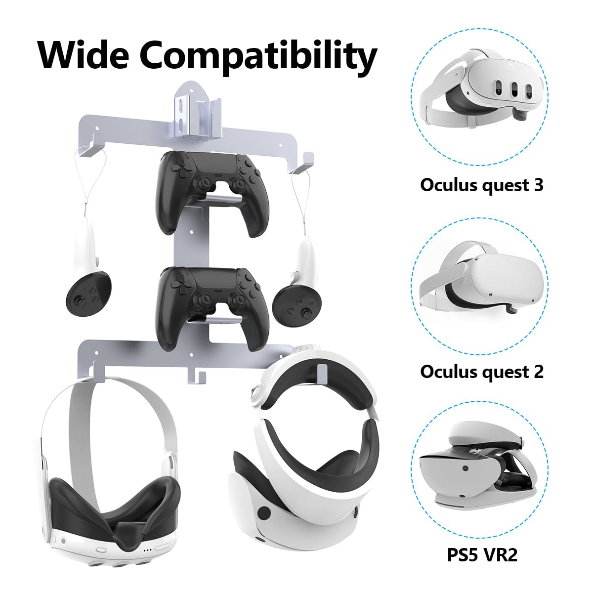 Hacksya Wall Mount for Meta Oculus Quest 3,All in 1 VR Wall Mount Storage for Most VR Headset Controller And Holder Compatible with PS VR2,Valve Index,for Meta Oculus Quest 2 Quest 3 Accessories