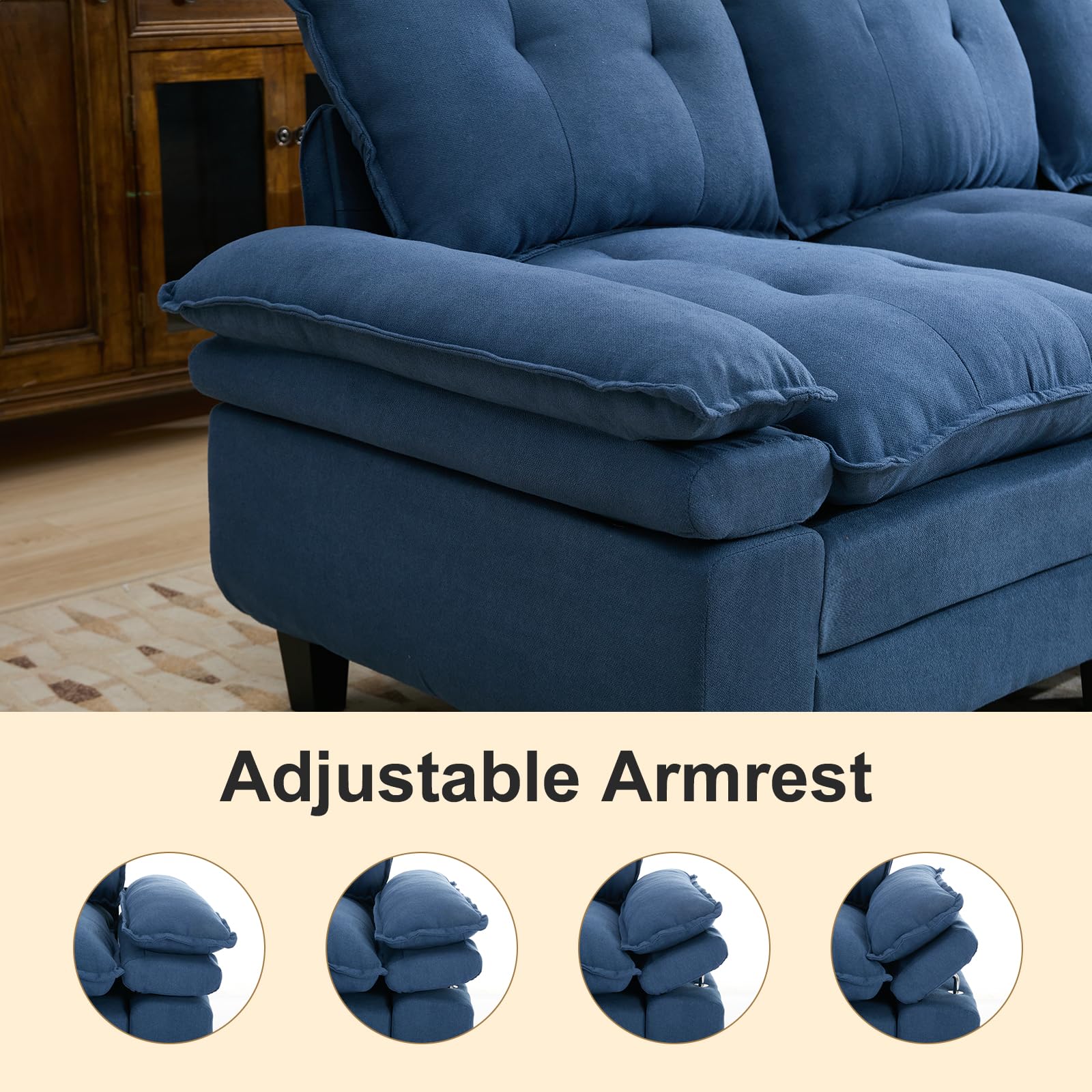 Modern Sectional Cloud Couch Deep 3-Seat, L Shape Sofa Couch with Moveable Ottoman, Adjustable Wide Arm, Comfy Upholstered Sleeper Sofa for Living Room and Small Apartments, Office