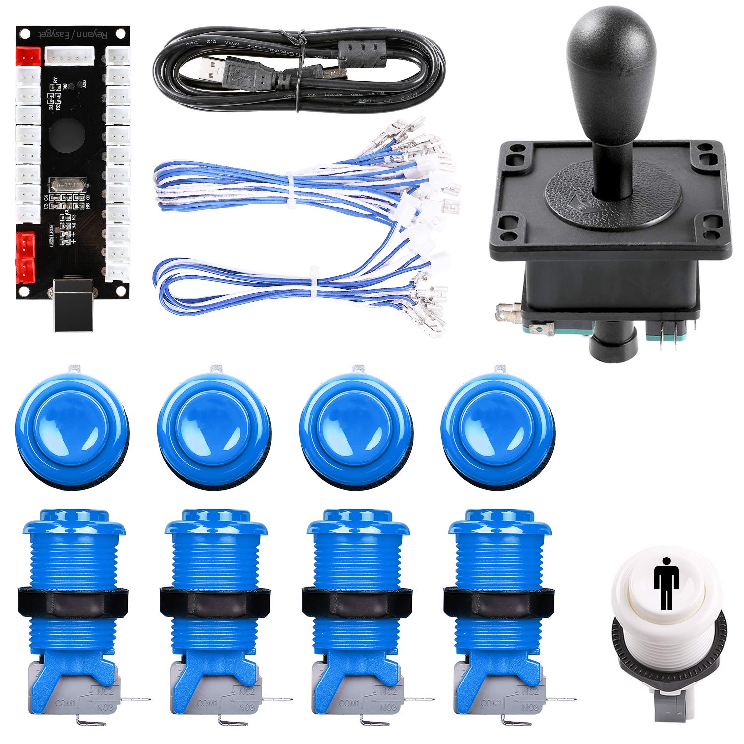 Easyget Classic Arcade Game DIY Parts for Mame USB Cabinet 2X Zero Delay USB Encoder + 2X 8 Way Classic Arcade Joystick + 18x Happ Style Push Button Blue + Red Color Kits