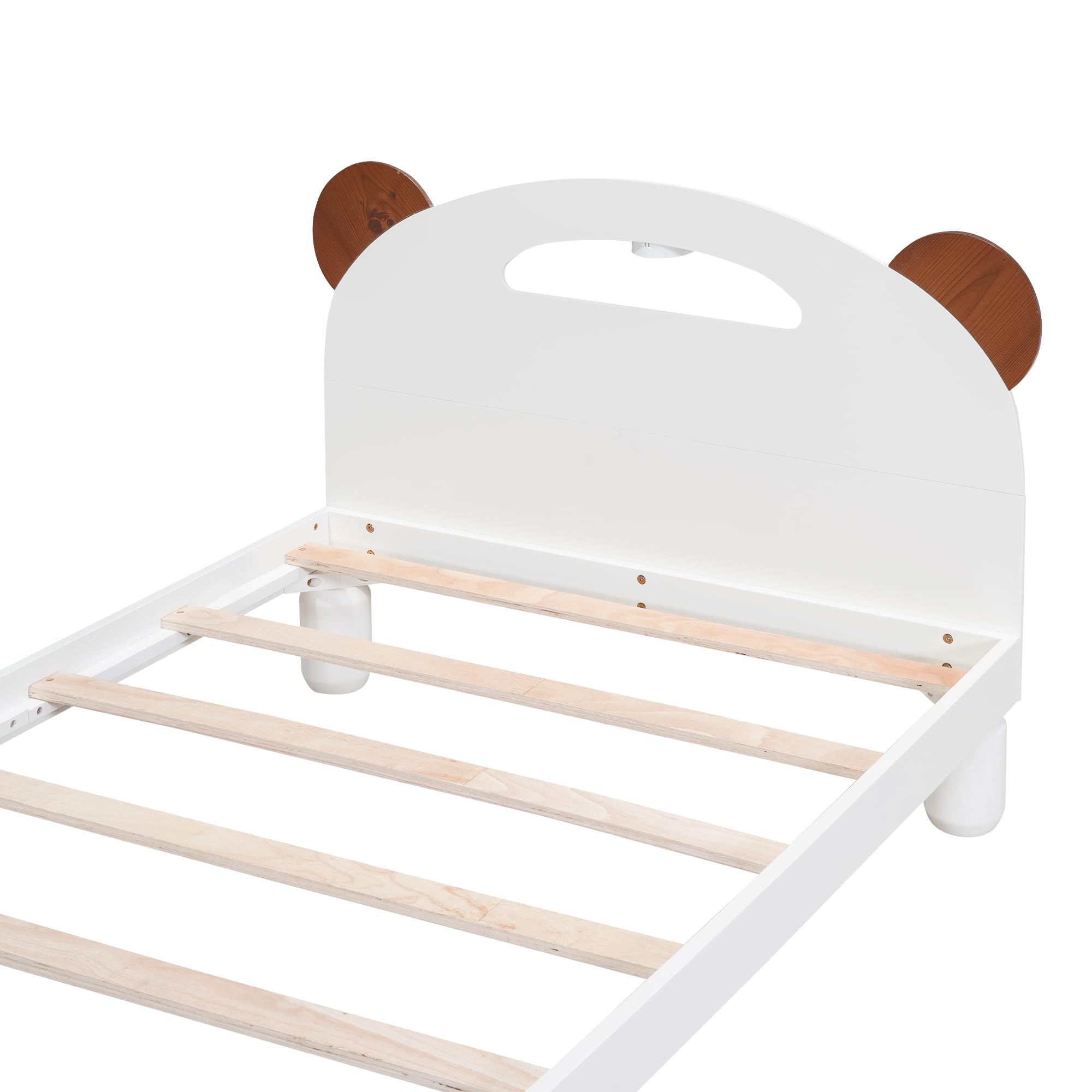 DOLPRNE Twin Size Platform Bed with Bear Ears Shaped Headboard and LED for Kids Adults Bedroom,Cream White
