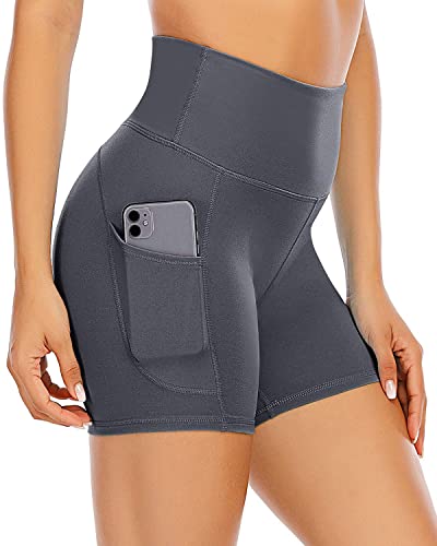 FAFAIR Stretchy Yoga Shorts for Women with Pockets Athltic Cycling Non See Through Shorts Dark Grey L
