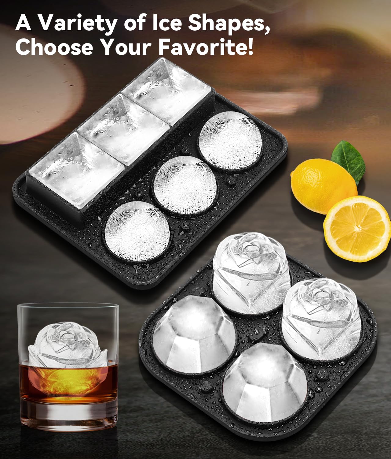 Ice Cube Tray with Lid, Silicone Ice Molds with Round, Square, Diamond, Rose, Large Ice Cube Mold for Whiskey, Bourbon, Cocktails, Easy Release BPA Free, Set of 2