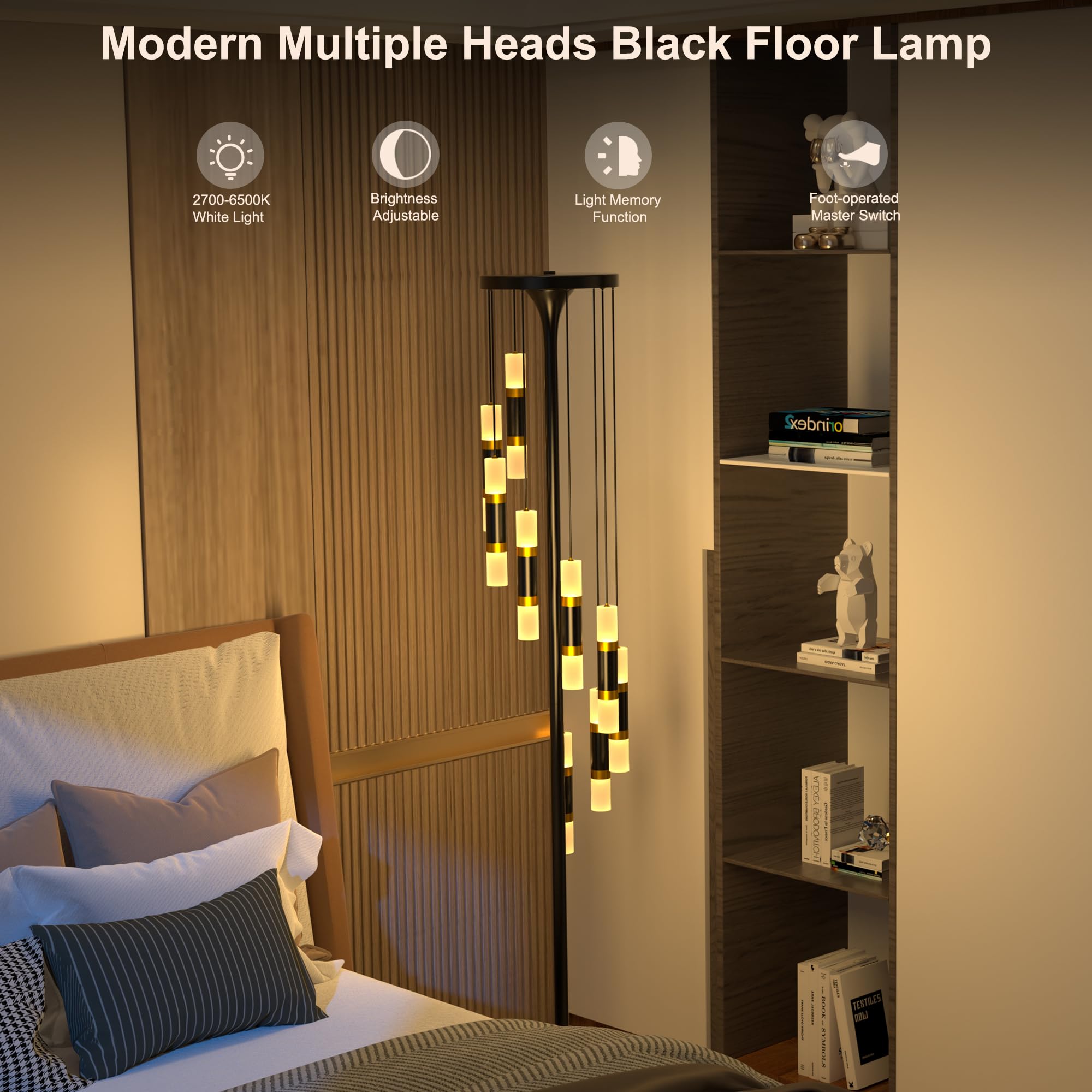 E.P. Light Modern Multiple Heads Black Floor Lamp for Bedroom, 71 inch Tall Dimmable Standing LED Floor Lamp for Living Room, Unique Reading Floor Lamp with Remote for Office