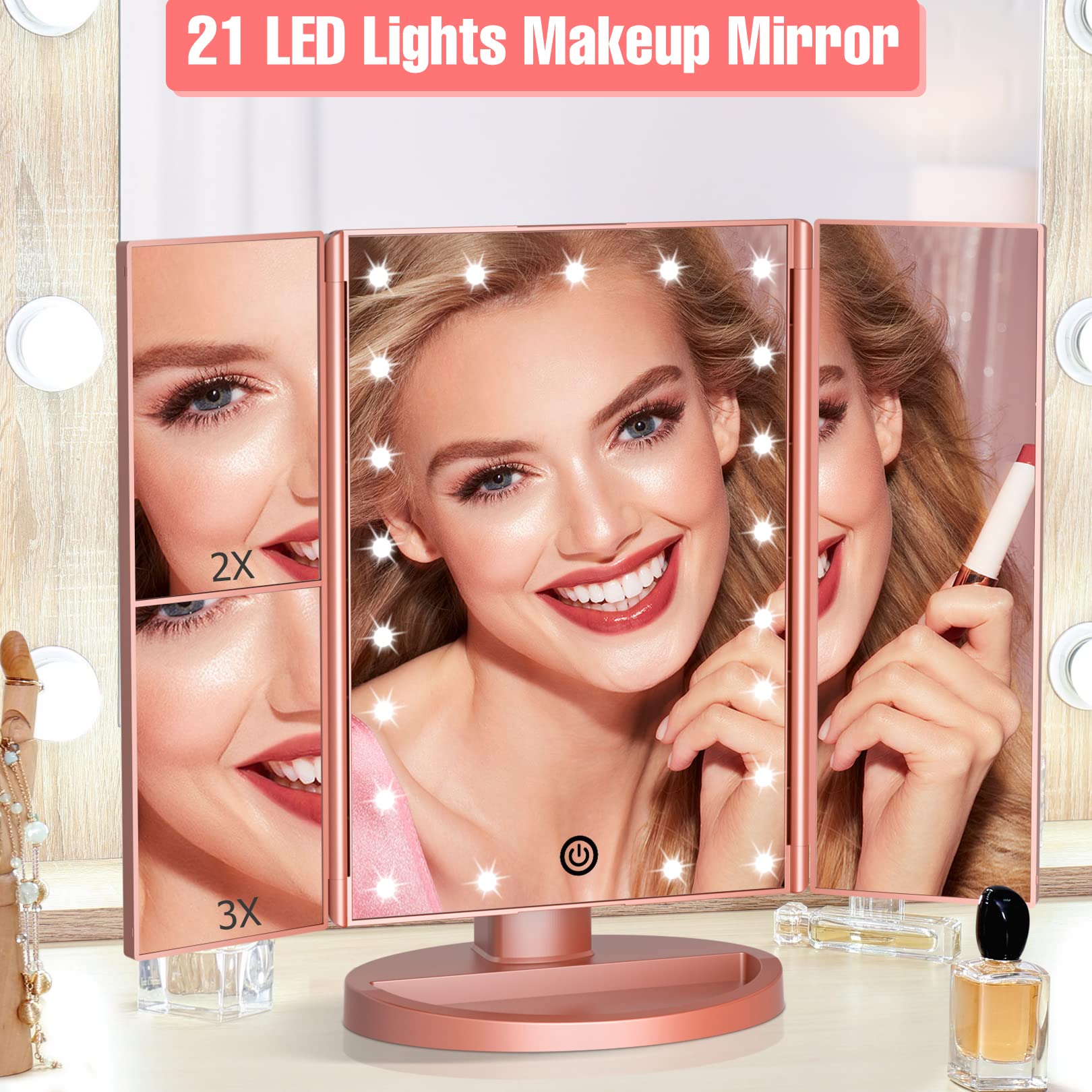 FASCINATE Lighted Makeup Mirror, Feature 21 Bright LED Lights, Dimmable Brightness, One Touch Power Switch, Multiple Magnifying Option (3x/2x/1x) Trifold LED Vanity Mirror, 180 Degrees